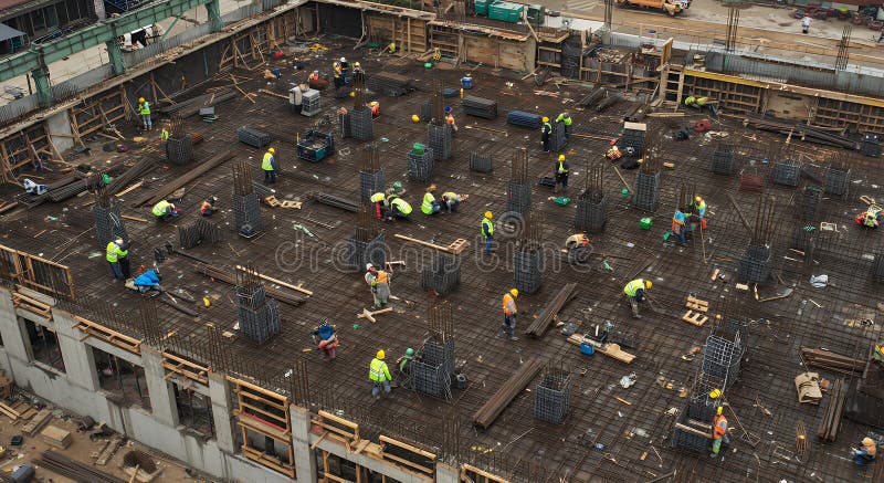 Construction Site Aerial View Workers Building Rebar Structure for New ...