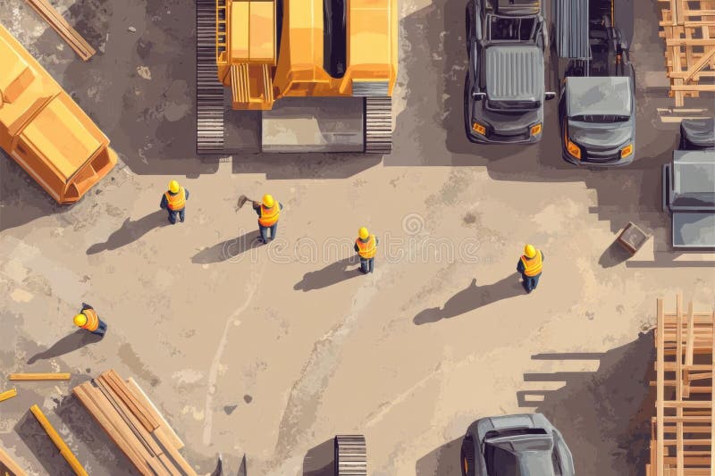 Construction Site Aerial View, Workers and Heavy Machinery Stock ...