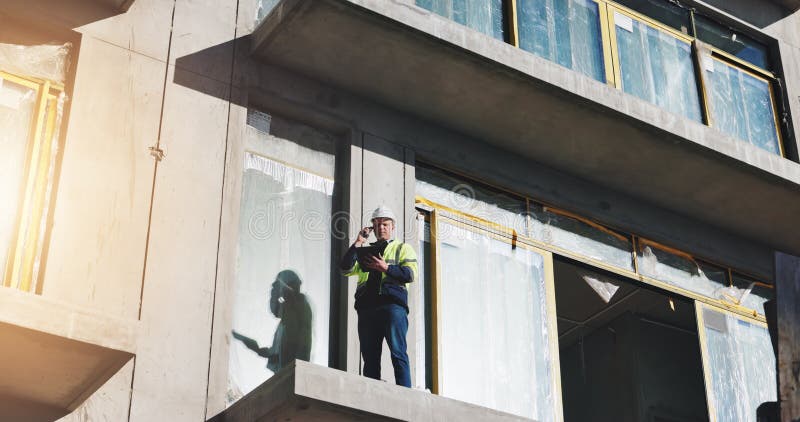 Construction Site, Architect and Man with Tablet, Phone Call and ...