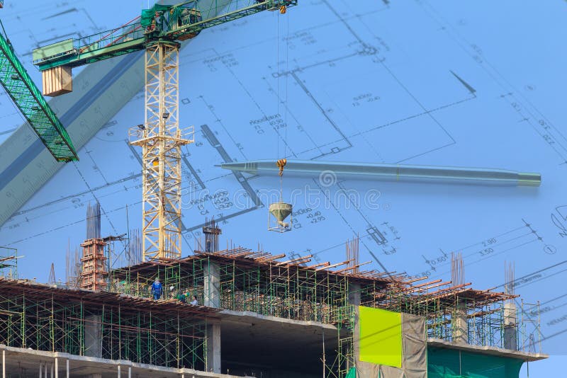 Construction Site with Architecture Blueprint Stock Image - Image of ...