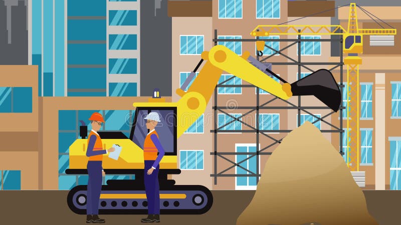 Construction Site Area, Working on the Edge of Town with Engineers and ...