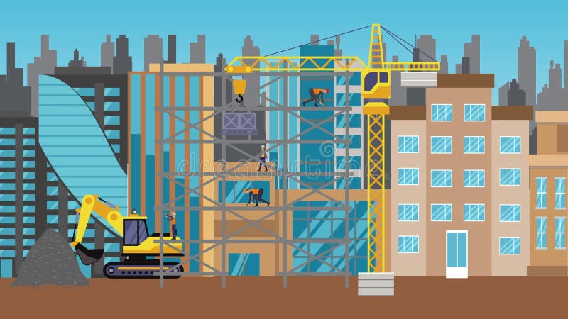 Construction Site Area, Working on the Edge of Town with Engineers and ...