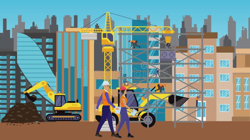 Construction Site Area, Working on the Edge of Town with Engineers and ...