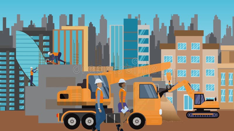 Construction Site Area, Working on the Edge of Town with Engineers and ...