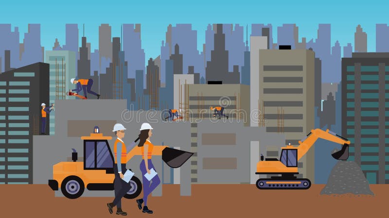 Construction Site Area, Working on the Edge of Town with Engineers and ...