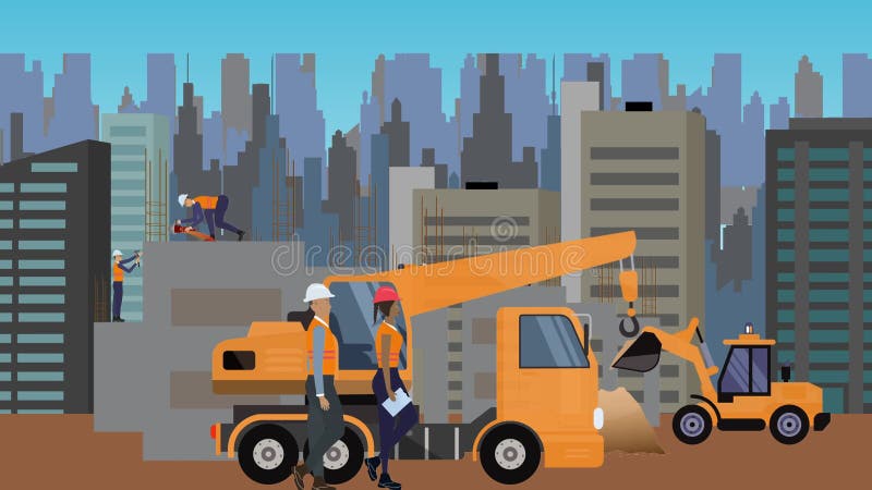 Construction Site Area, Working on the Edge of Town with Engineers and ...