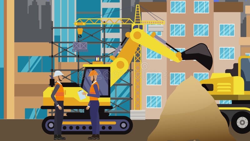 Construction Site Area, Working on the Edge of Town with Engineers and ...