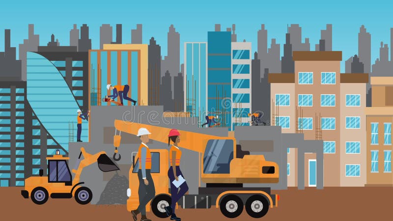 Construction Site Area, Working on the Edge of Town with Engineers and ...