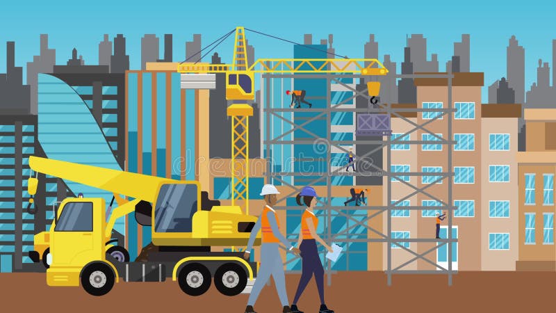 Construction Site Area, Working on the Edge of Town with Engineers and ...