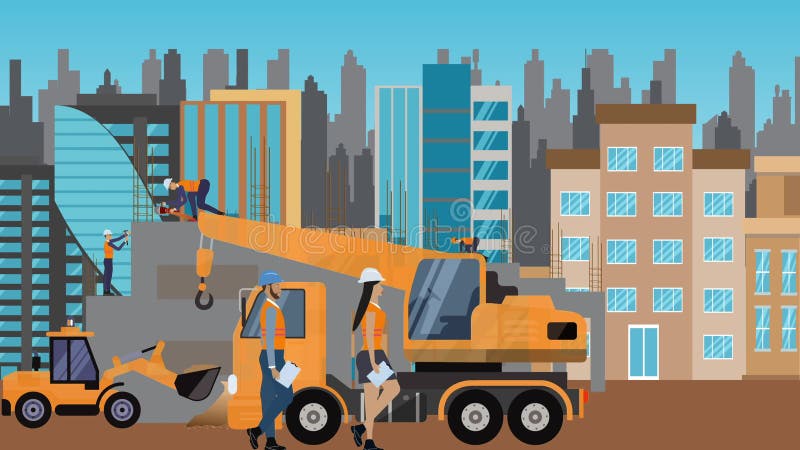 Construction Site Area, Working on the Edge of Town with Engineers and ...