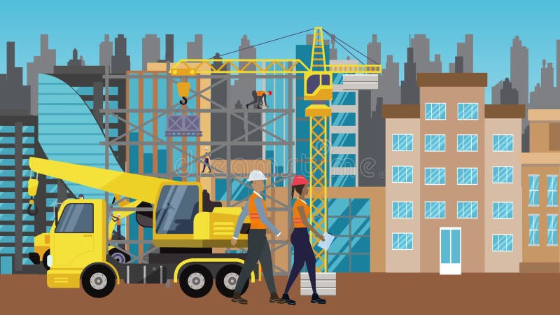 Construction Site Area, Working on the Edge of Town with Engineers and ...