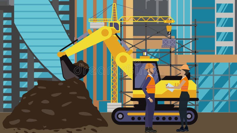 Construction Site Area, Working on the Edge of Town with Engineers and ...