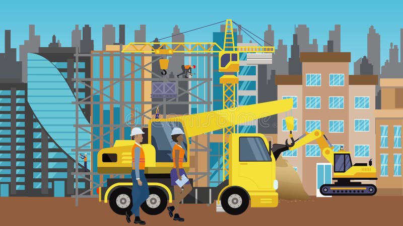 Construction Site Area, Working on the Edge of Town with Engineers and ...