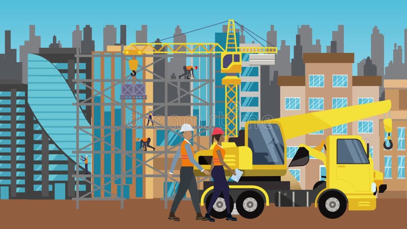 Construction Site Area, Working on the Edge of Town with Engineers and ...