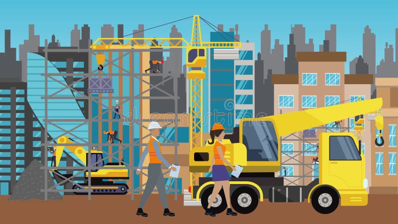 Construction Site Area, Working on the Edge of Town with Engineers and ...