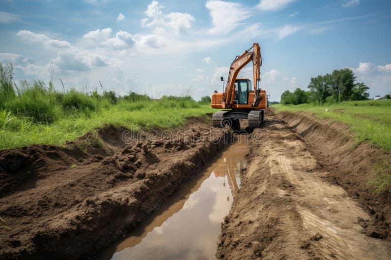 Construction Site with Backhoe Digging Ditch To Lay Pipeline Stock ...