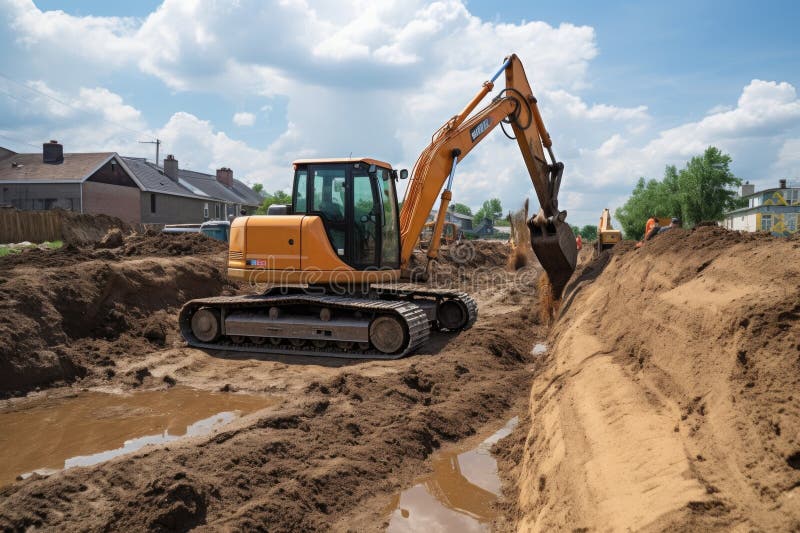 Construction Site with Backhoe Digging Ditch To Lay Pipeline Stock ...