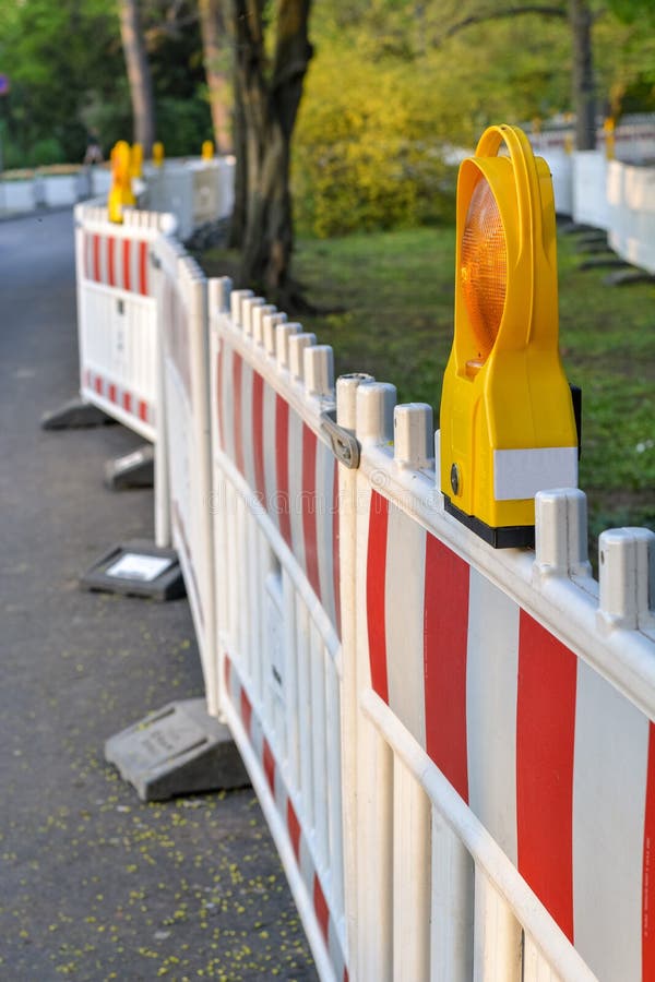 Construction Site with Barriers and Lights in a Park Close Up Stock ...