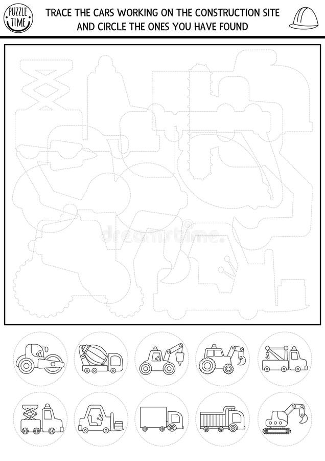 Construction Site Black and White Tracing, Shape Recognition Activity ...