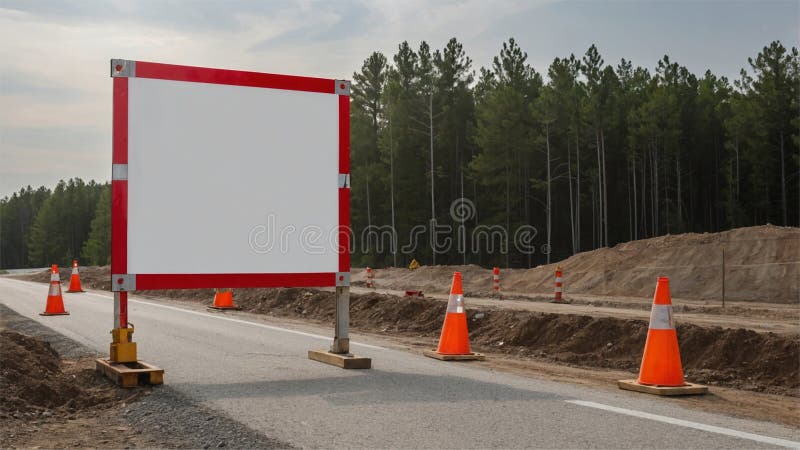 Urban Construction Site with Red Blank Sign and Equipment Stock ...