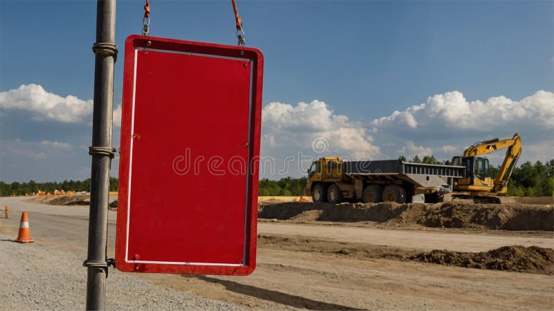 Urban Construction Site with Red Blank Sign and Equipment Stock ...