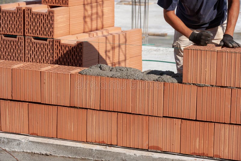 Construction Site. Brick Wall and Mortar Stock Photo - Image of masonry ...