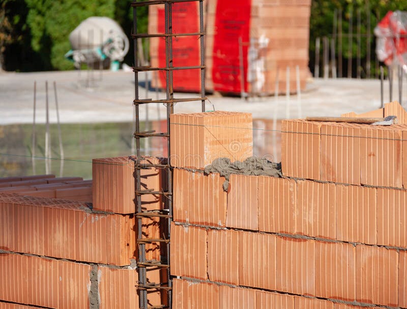 Construction Site. Brick Wall and Mortar Stock Photo - Image of ...