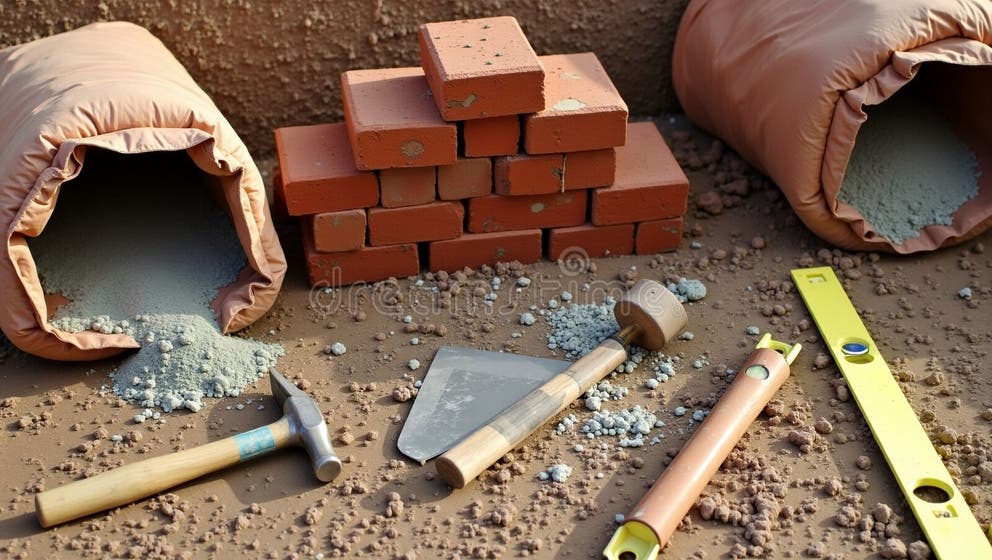 Construction Site with Bricks Bags of Cement and Tools Ready for ...