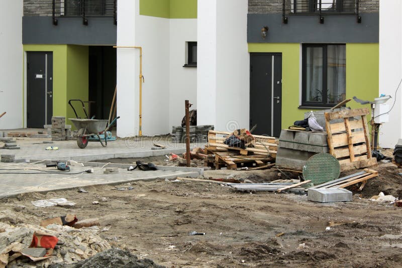 Construction Site with Building Materials and Dirty Mess. Stock Photo ...
