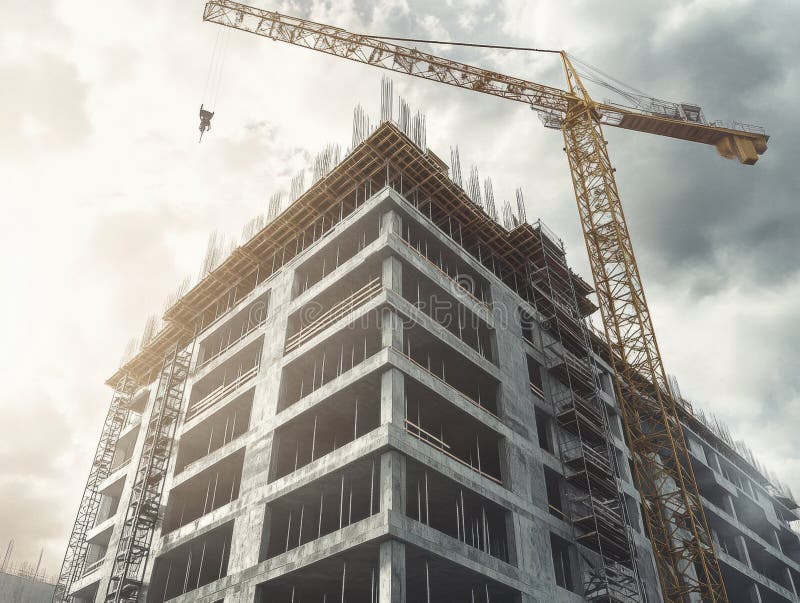 Construction Site Building with Tall Crane Against a Dramatic Cloudy ...