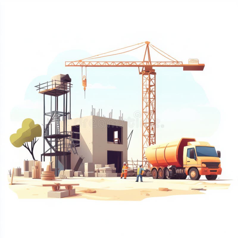 Construction Site Building Under Construction Crane Workers Truck Stock Illustration ...