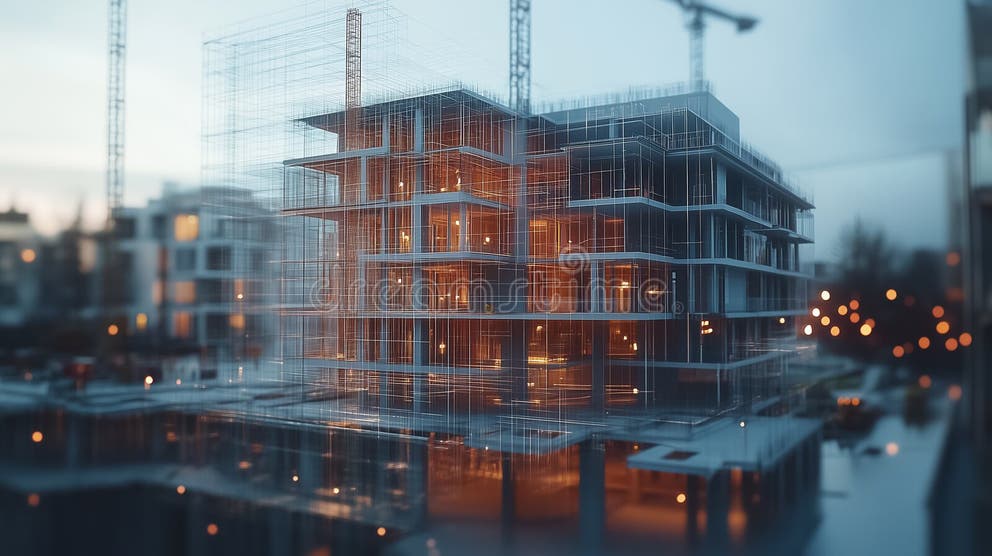Construction Site with Buildings Under Development Illuminated at Dusk ...