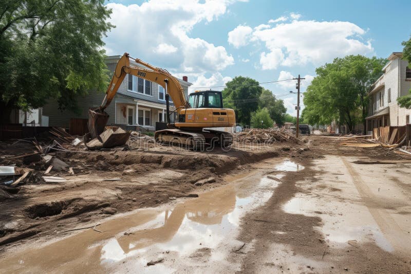 Construction Site, with Bulldozer Clearing Debris from Foundation for ...