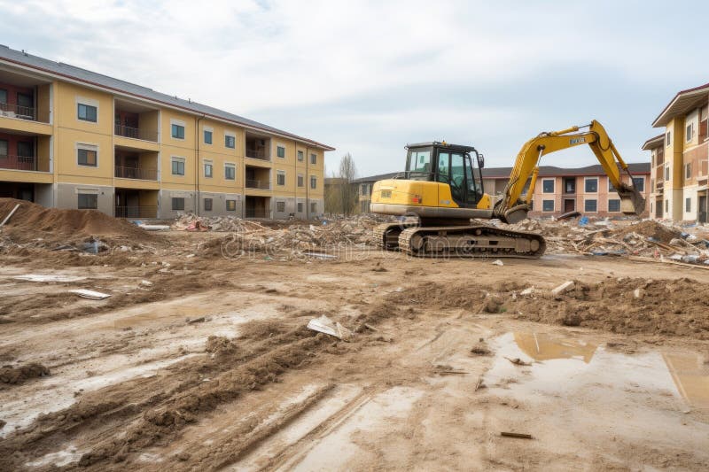 Construction Site with Bulldozer Clearing Debris and Preparing for New ...