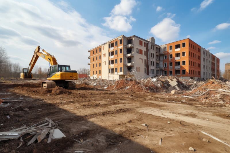 Construction Site with Bulldozer Clearing Debris and Preparing for New ...