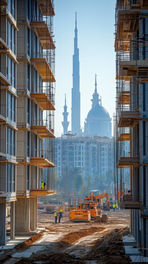 Construction Site with Burj Khalifa and Mosque in Background Stock ...