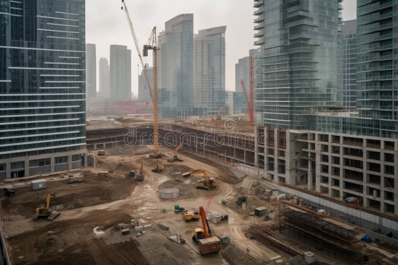 Construction Site Bustling with Activity As Cranes, Bulldozers, and ...