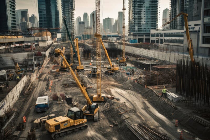 Construction Site Bustling with Activity As Cranes, Bulldozers, and ...