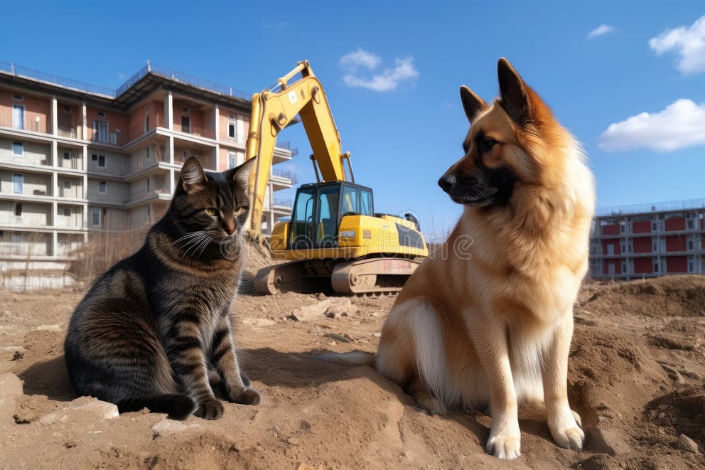 Construction Site with Cat and Dog Hard at Work, Building New Housing ...