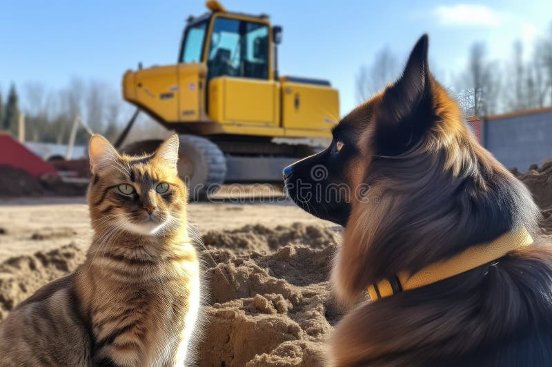 Construction Site with Cat and Dog Inspecting the Work Stock ...