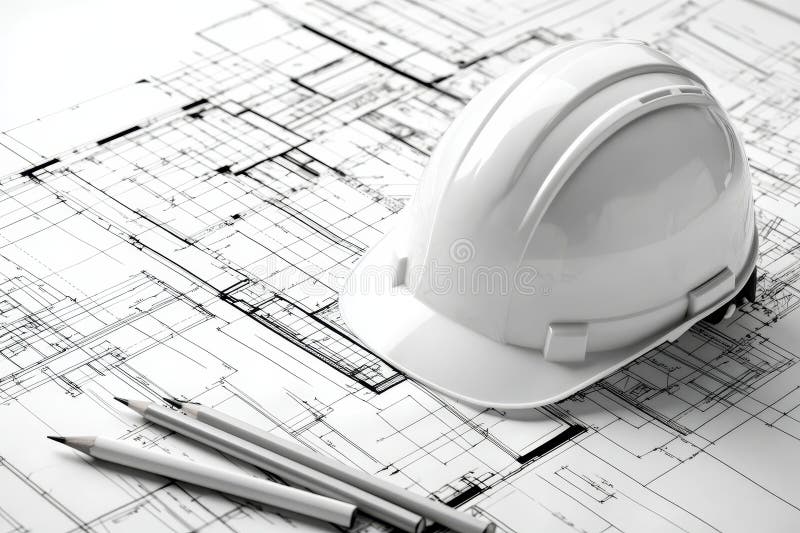 Construction Site Close Up Hard Hat, Blueprints, and Engineering ...