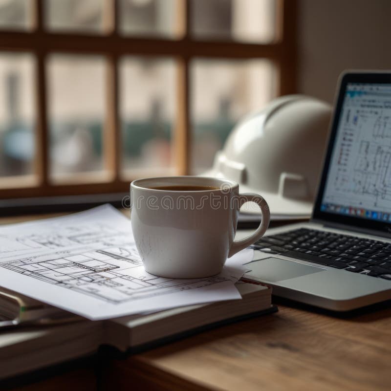 Construction Site Coffee Break: Hard Hat and Mug Amidst Blueprints and ...