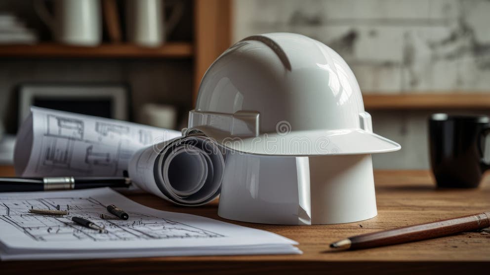 Construction Site Coffee Break: Hard Hat and Mug Amidst Blueprints and ...