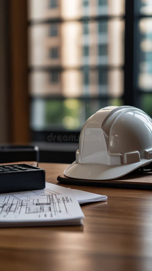 Construction Site Coffee Break: Hard Hat and Mug Amidst Blueprints and ...