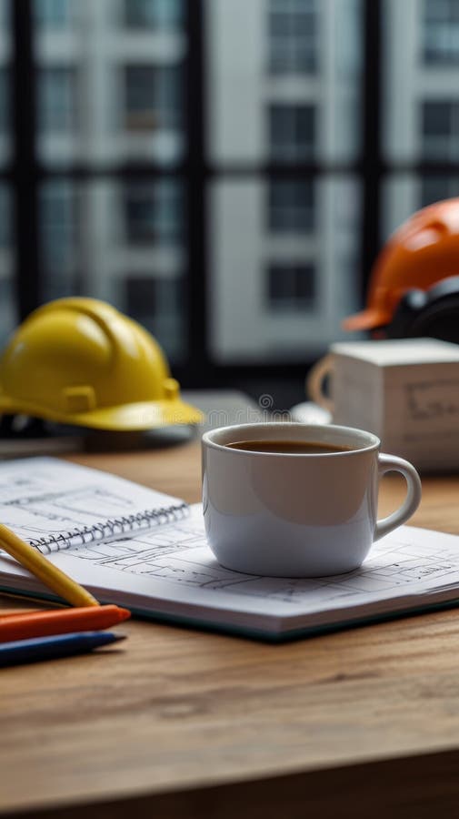 Construction Site Coffee Break: Hard Hat and Mug Amidst Blueprints and ...