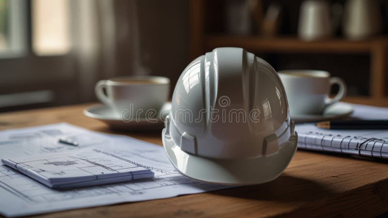 Construction Site Coffee Break: Hard Hat and Mug Amidst Blueprints and ...
