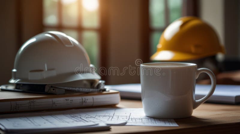 Construction Site Coffee Break: Hard Hat and Mug Amidst Blueprints and ...