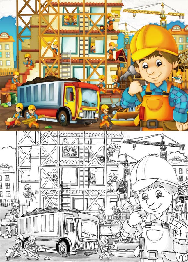 Construction Site - Coloring Page with Preview Stock Illustration ...