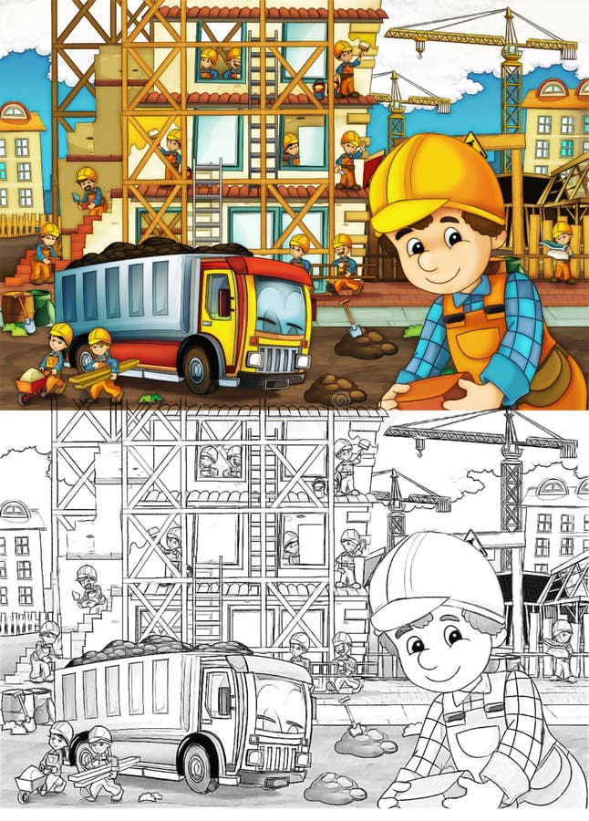 Construction Site - Coloring Page with Preview Stock Illustration ...