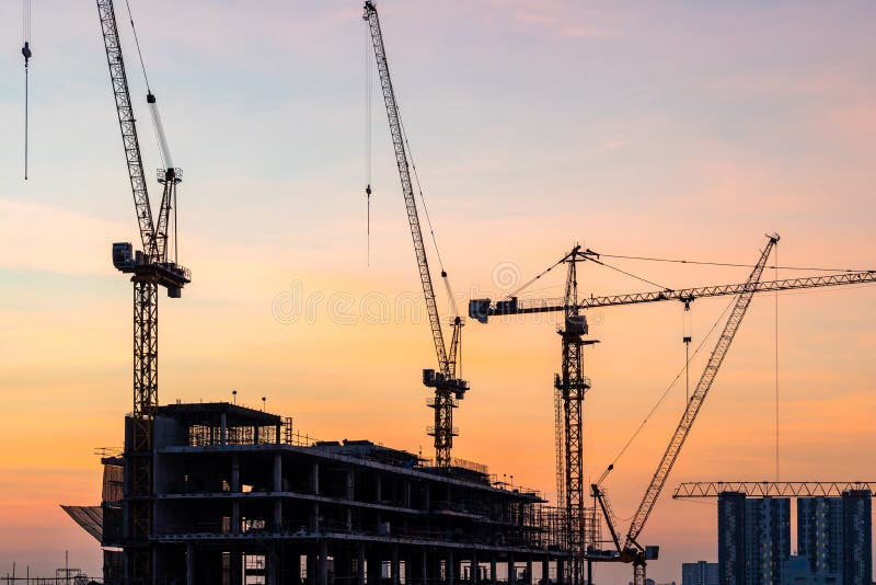 Construction Site Concept, Silhouette Construction Crane Site at Sunset ...